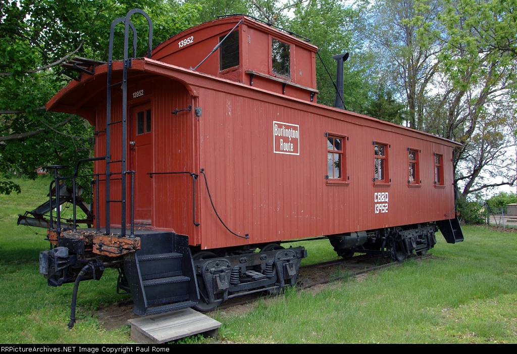 CB&Q 13952, time stands still for this NE-7 4-window wood sided caboose, on display